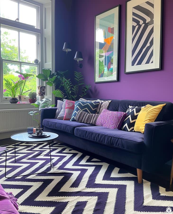 Wohnzimmer mit Sofa in Lila: Die Farbe des Geistes und der Magie