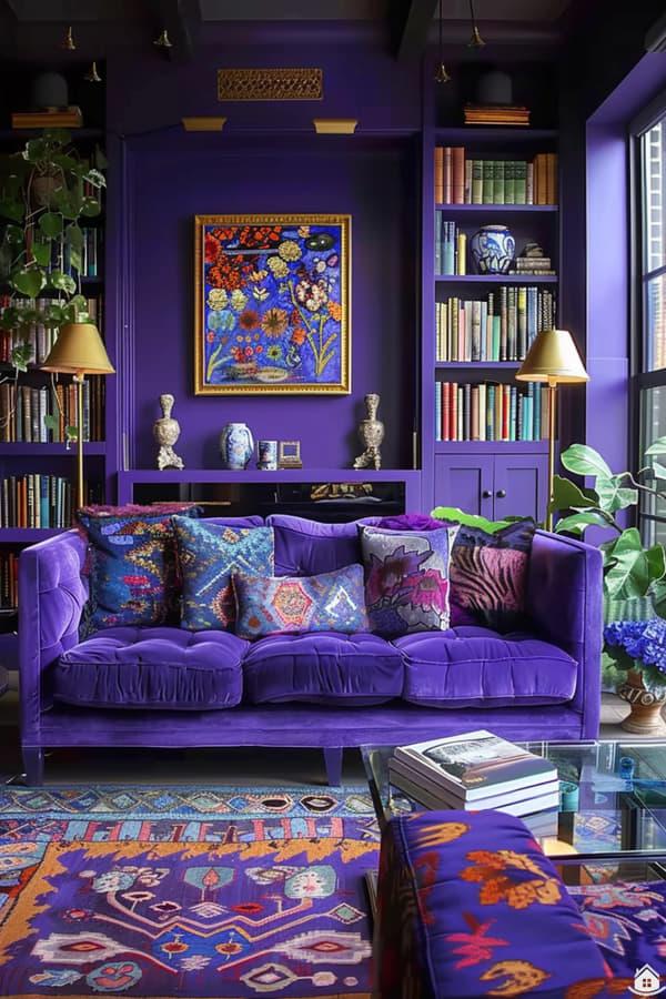 Wohnzimmer mit Sofa in Lila: Die Farbe des Geistes und der Magie