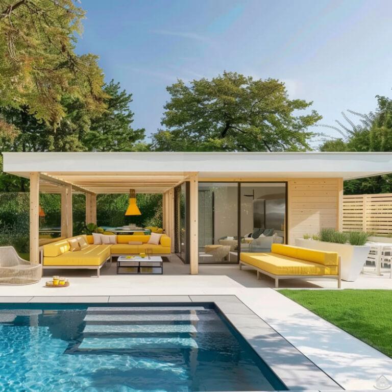 Moderne Lounge-Poolhäuser aus Holz und Pool-Pavillons mit Holz-Lamellen ...