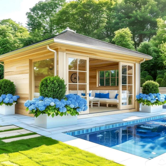 Moderne Lounge-Poolhäuser aus Holz und Pool-Pavillons mit Holz-Lamellen ...