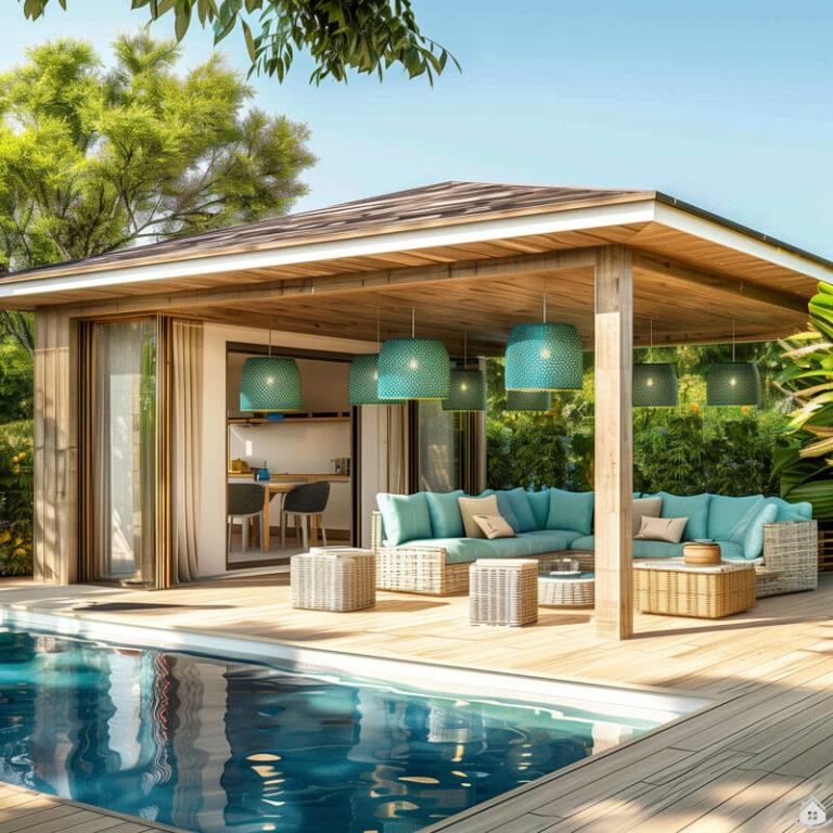 Moderne Lounge-Poolhäuser aus Holz und Pool-Pavillons mit Holz-Lamellen ...