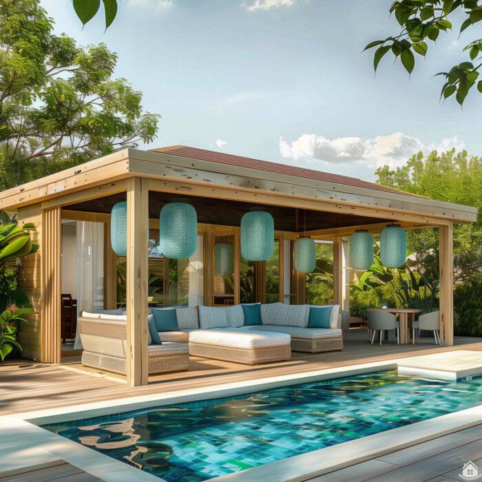 Moderne Lounge-Poolhäuser aus Holz und Pool-Pavillons mit Holz-Lamellen ...