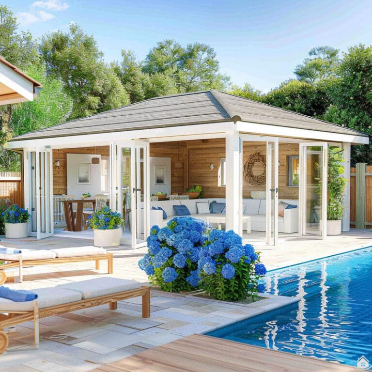 Moderne Lounge-Poolhäuser aus Holz und Pool-Pavillons mit Holz-Lamellen ...