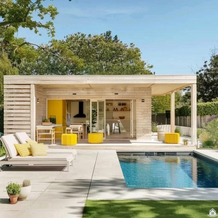 Moderne Lounge-Poolhäuser aus Holz und Pool-Pavillons mit Holz-Lamellen ...