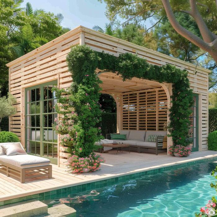 Moderne Lounge-Poolhäuser aus Holz und Pool-Pavillons mit Holz-Lamellen ...