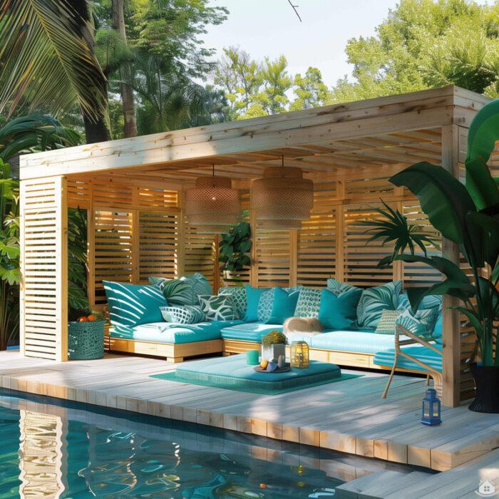 Moderne Lounge-Poolhäuser aus Holz und Pool-Pavillons mit Holz-Lamellen ...