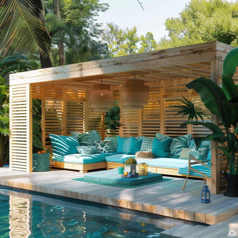 Moderne Lounge-Poolhäuser aus Holz und Pool-Pavillons mit Holz-Lamellen ...