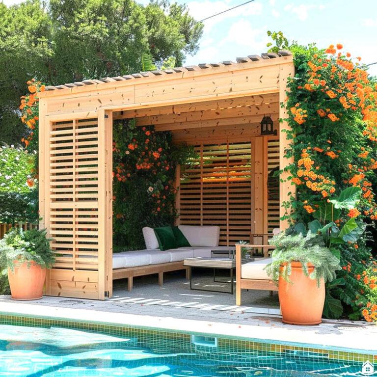 Moderne Lounge-Poolhäuser aus Holz und Pool-Pavillons mit Holz-Lamellen ...