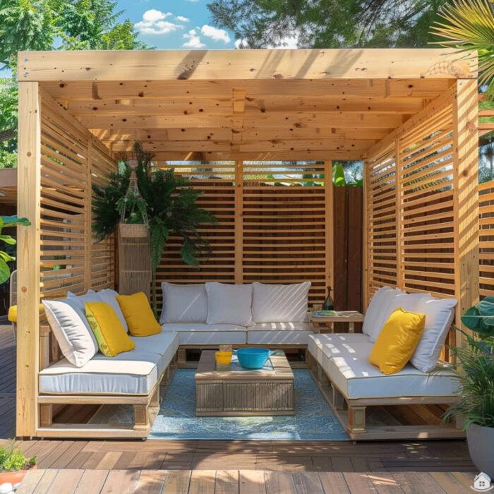 Moderne Lounge-Poolhäuser aus Holz und Pool-Pavillons mit Holz-Lamellen ...