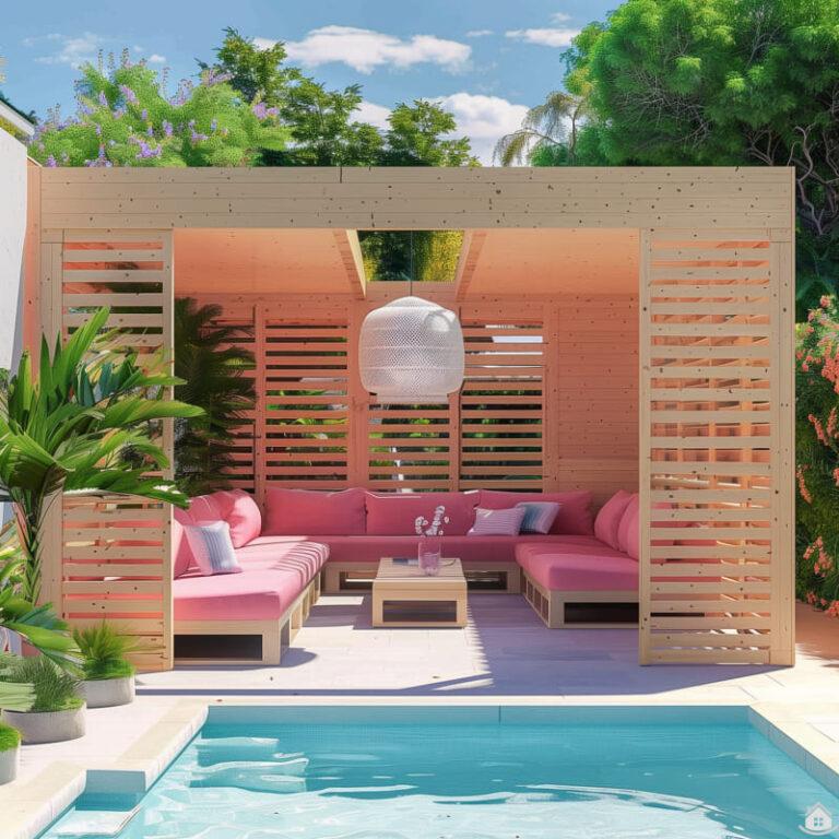 Moderne Lounge-Poolhäuser aus Holz und Pool-Pavillons mit Holz-Lamellen ...