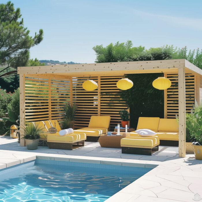 Moderne Lounge-Poolhäuser aus Holz und Pool-Pavillons mit Holz-Lamellen ...