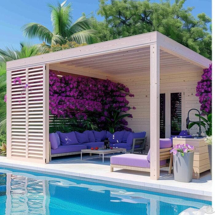 Moderne Lounge-Poolhäuser aus Holz und Pool-Pavillons mit Holz-Lamellen ...