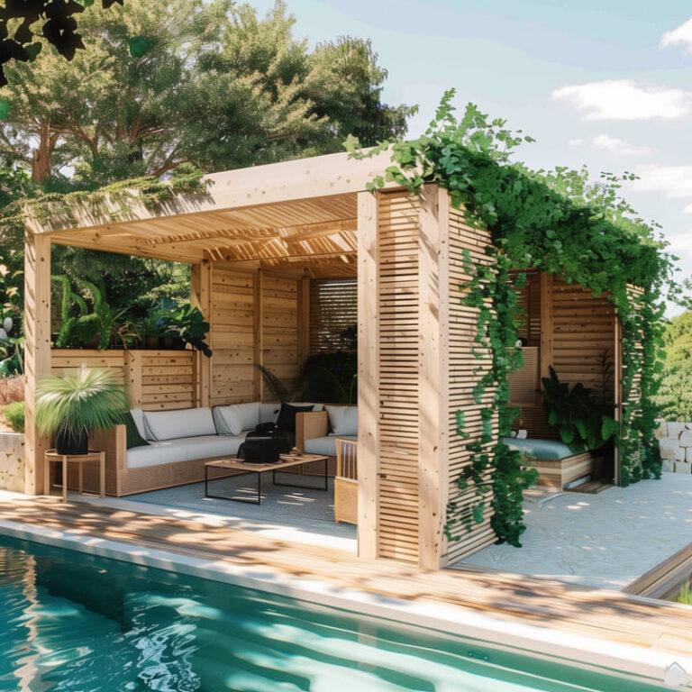 Moderne Lounge-Poolhäuser aus Holz und Pool-Pavillons mit Holz-Lamellen ...
