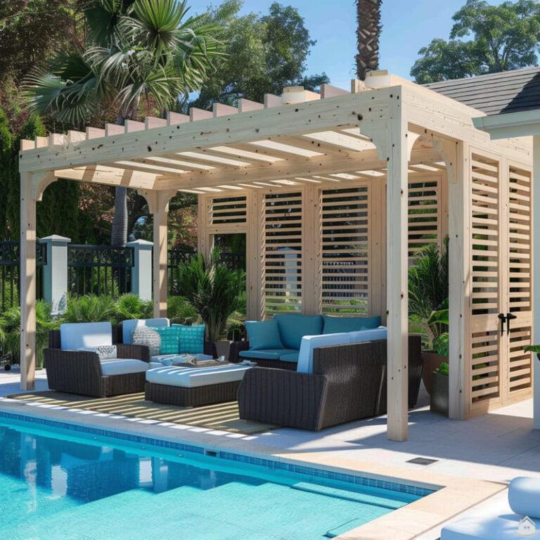 Moderne Lounge-Poolhäuser aus Holz und Pool-Pavillons mit Holz-Lamellen ...