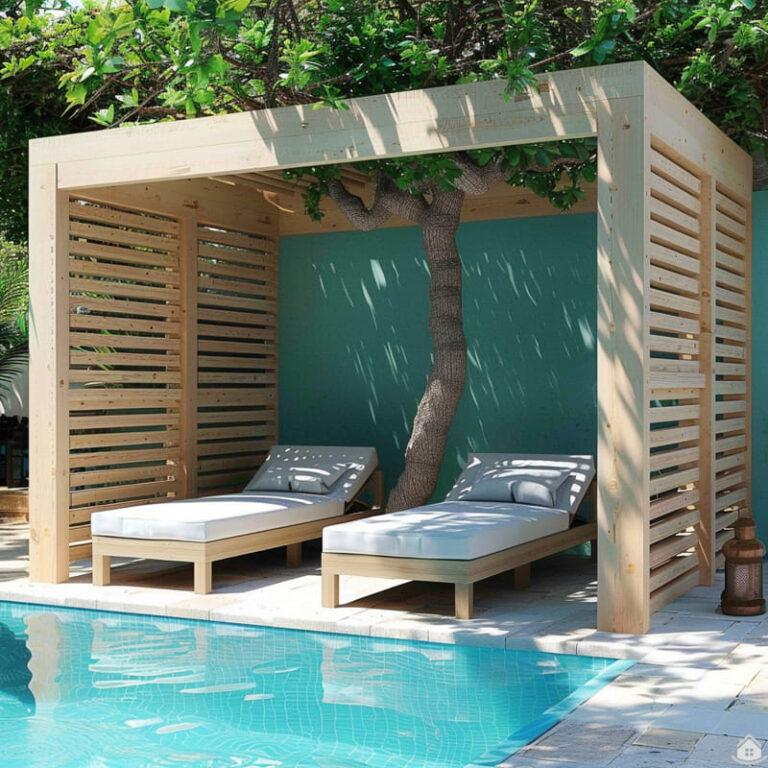Moderne Lounge-Poolhäuser aus Holz und Pool-Pavillons mit Holz-Lamellen ...