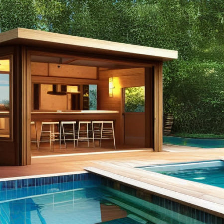 Moderne Lounge-Poolhäuser aus Holz und Pool-Pavillons mit Holz-Lamellen ...