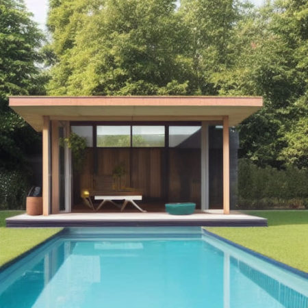 Moderne Lounge-Poolhäuser aus Holz und Pool-Pavillons mit Holz-Lamellen ...